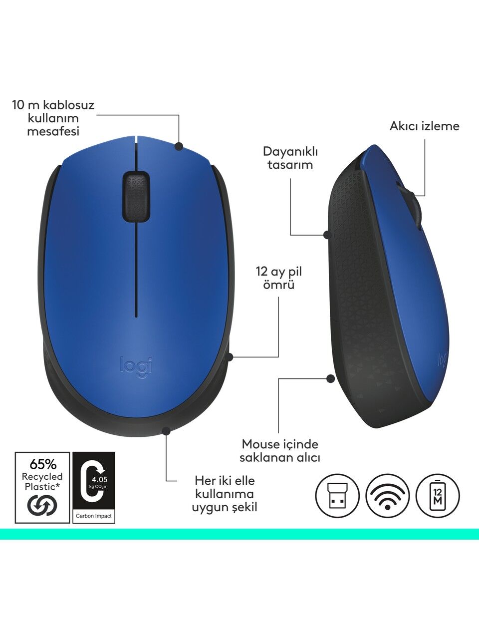 Logitech M171 USB Alıcılı Kablosuz Kompakt Mouse - Mavi | EFG Bilgisayar